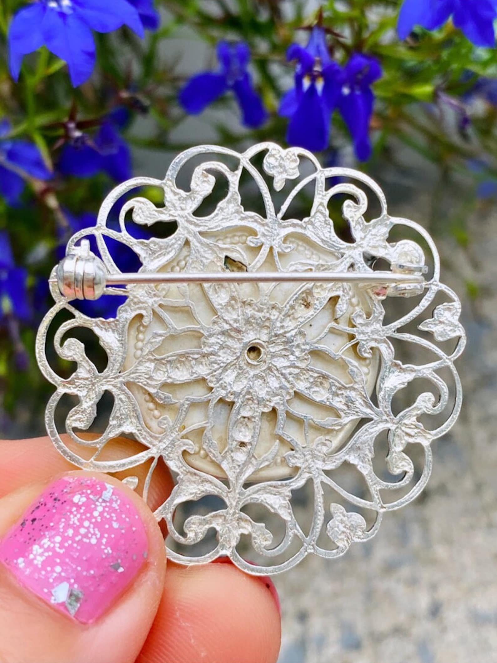 Mid Century Delft Blue Silver Open Frame Filigree Hand Painted ...