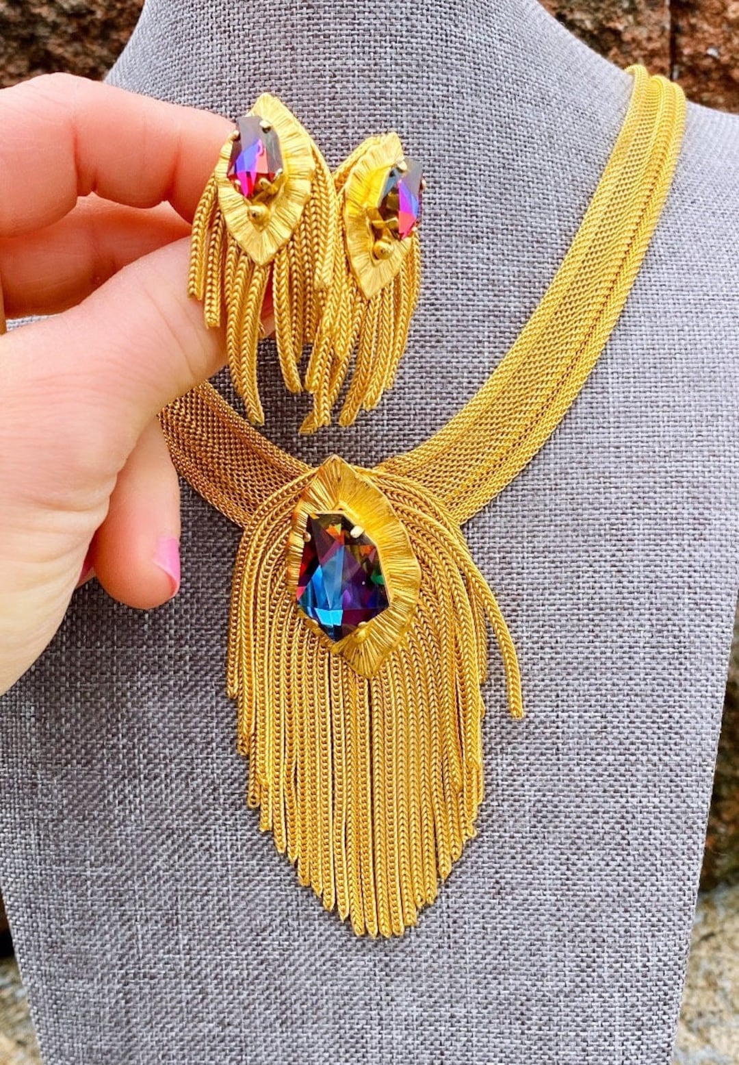Vintage Rare Jewelry Set by Continental Gold Tone Mesh Watermelon ...