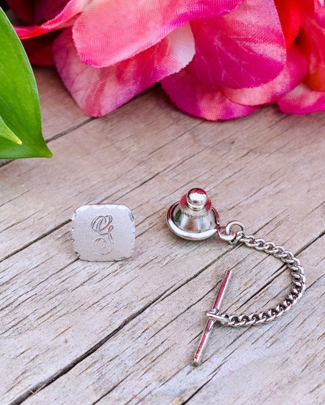 Vintage Sterling Silver Tie Tack Pin W/ Chain Mens Jewelry Letter G #52 ...
