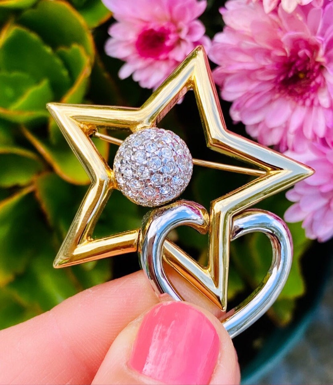 Mid Century Signed JC Gold and Silver Tone Star/heart Clear Rhinestones ...