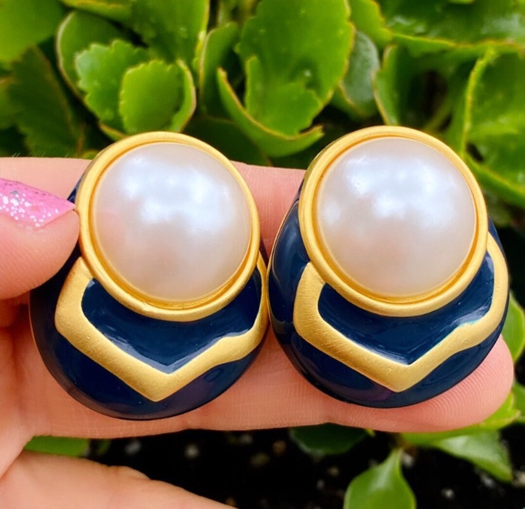 Vintage Statement Gold Tone Matte Prussian Blue Enamel Large Faux Pearl ...