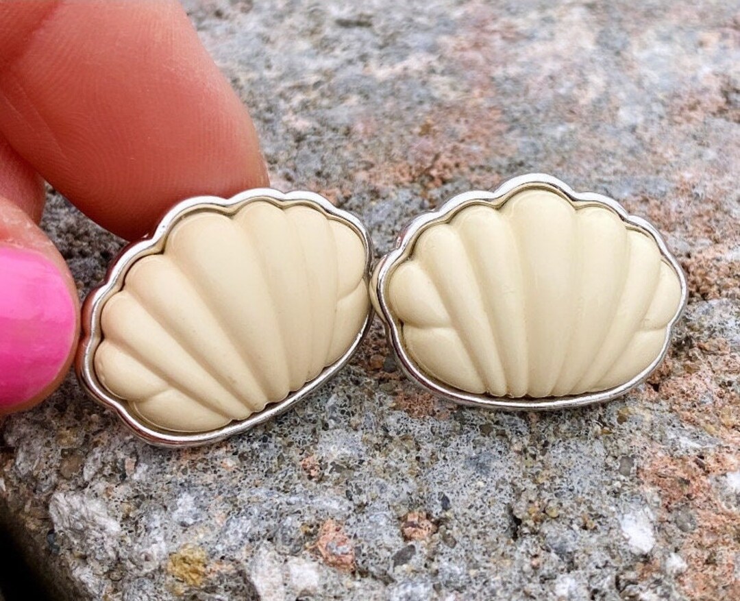 Vintage Silver Tone Cream Color Molded Lucite Shell Shape Pierced ...