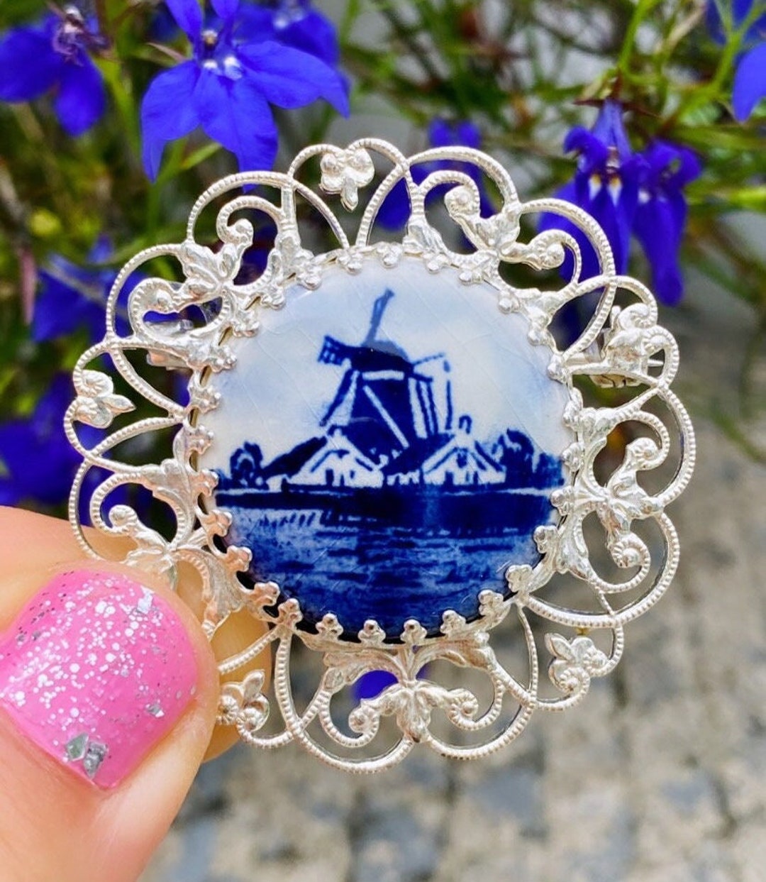 Mid Century Delft Blue Silver Open Frame Filigree Hand Painted ...