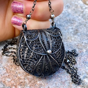 Vintage Silver Metal Filigree Small Purse Chain Necklace, 34” Long #582 ...