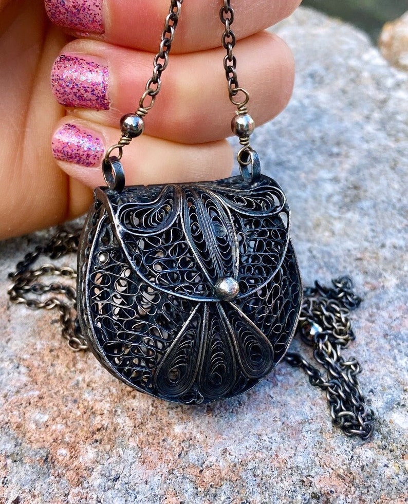 Vintage Silver Metal Filigree Small Purse Chain Necklace, 34” Long #582 ...