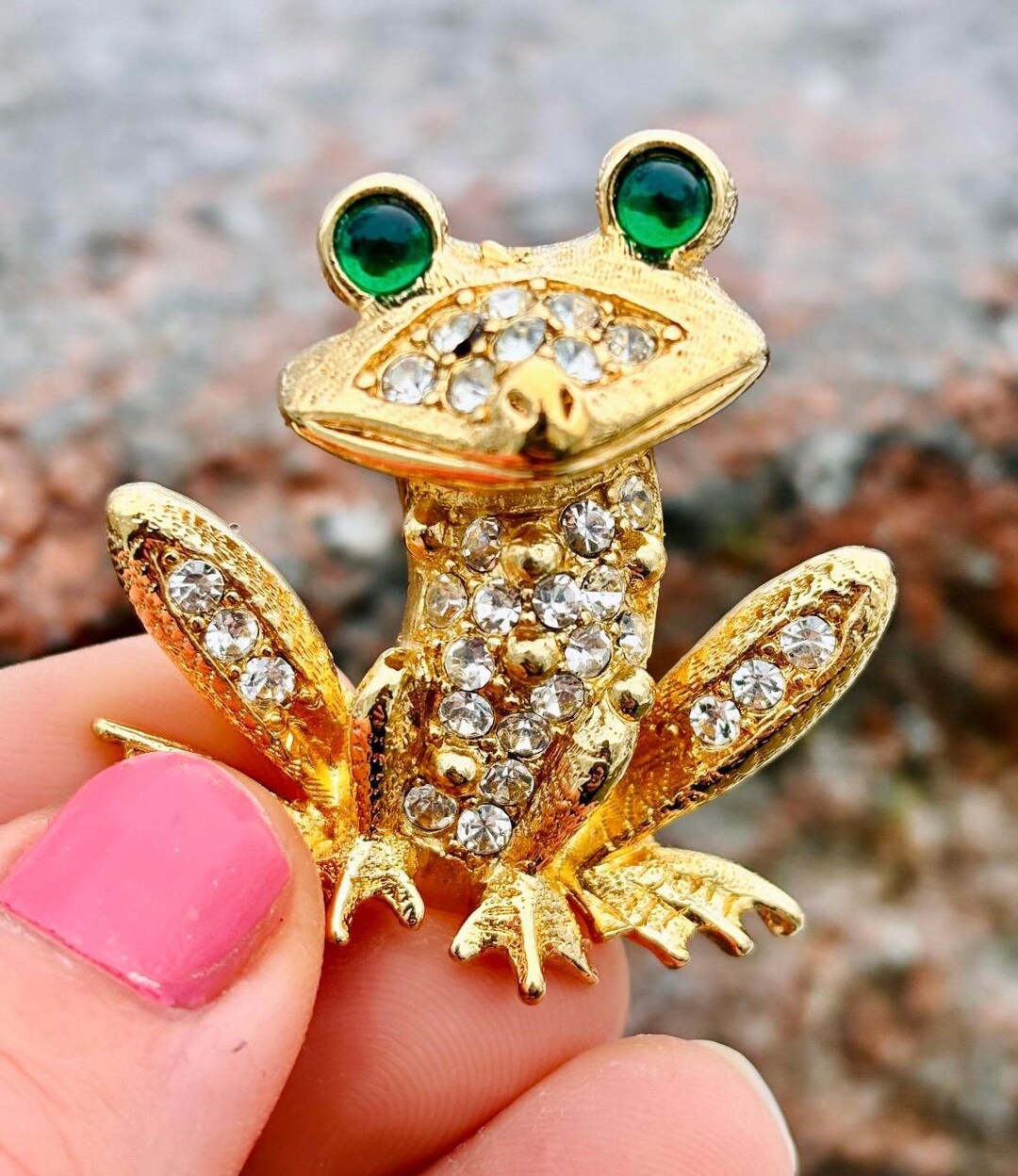 Vintage Piscitelli Gold Tone Pave Clear Rhinestones Green Eye Frog Pin ...