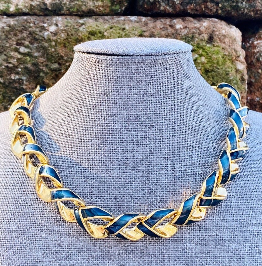 Stunning Vintage D'orlan Gold Plated Navy Blue Enamel Braided Necklace ...