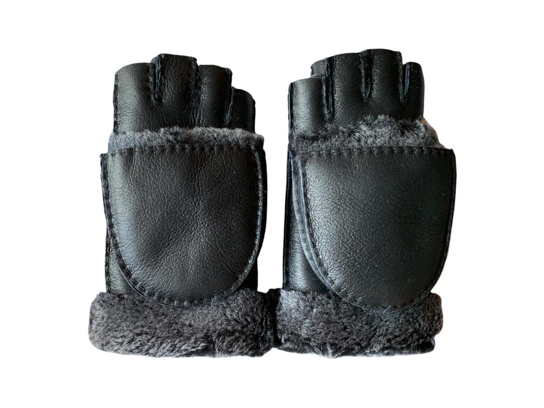 Lambskin Half Finger Mittens With Coverage - Convertible Gloves ...