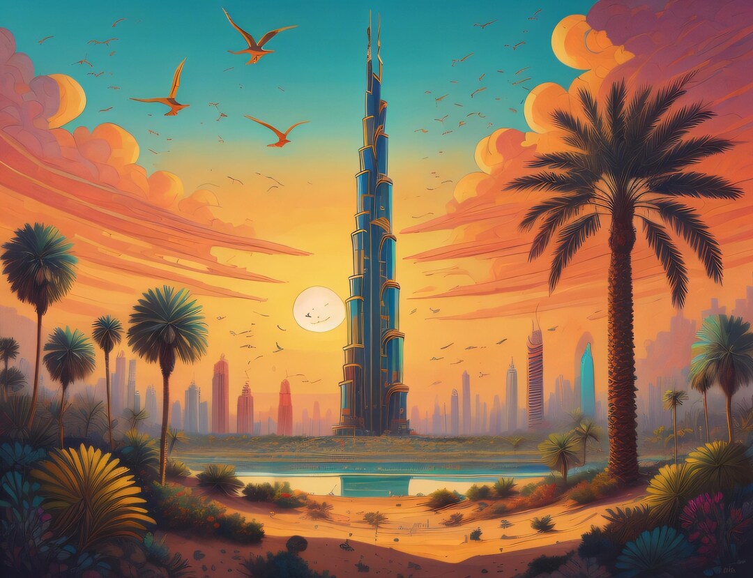 Dubai's Burj Khalifa Sunset Nft 2024 Digital Art Vibrant Cityscape Wall ...