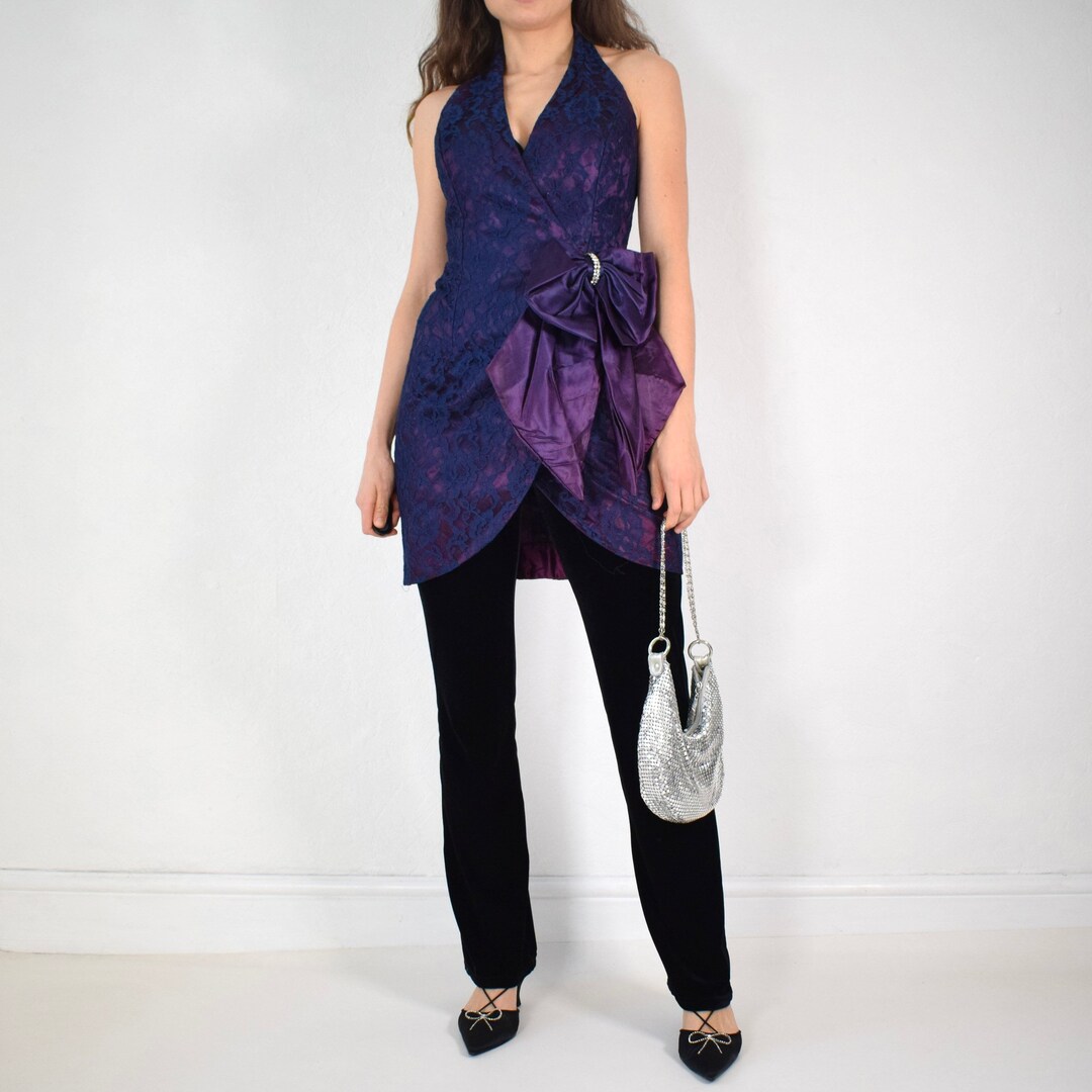 Vintage 80s 90s purple lace tuxedo mini dress with statement taffeta ...