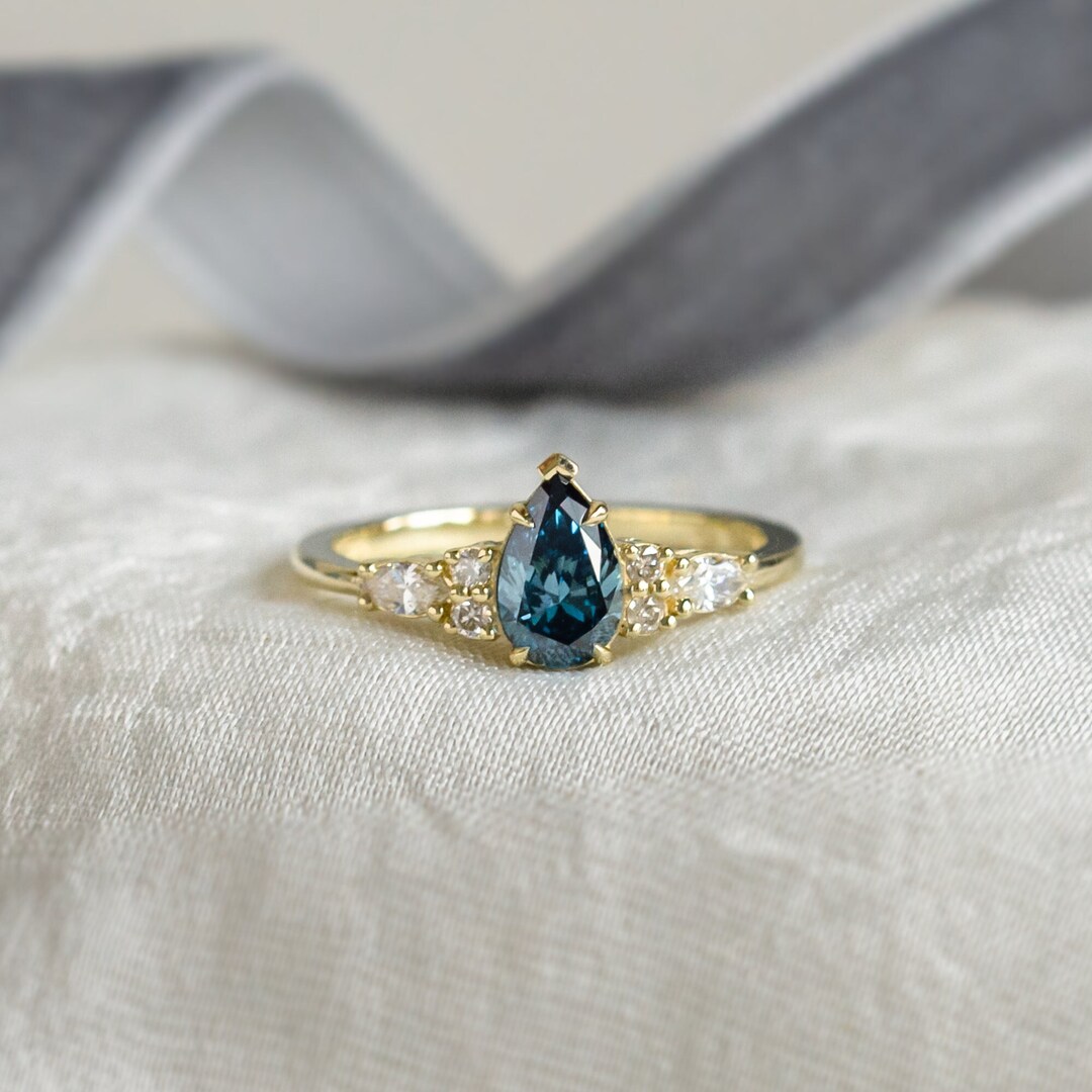 Lab Created Blue Diamond Ring, Unique Pear Diamond Cluster Ring in ...