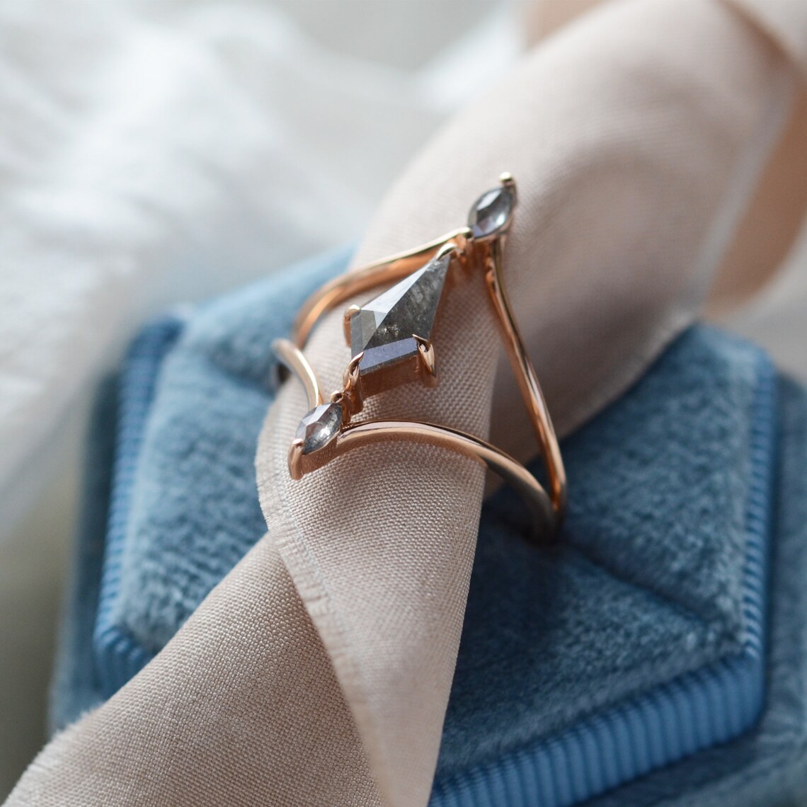 Diamond Alternative Engagement Ring, Rose Gold Split Shank Ring, Gray ...