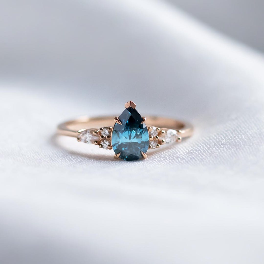 Lab Created Blue Pear Diamond Ring, 14K Gold Cluster Ring - Etsy