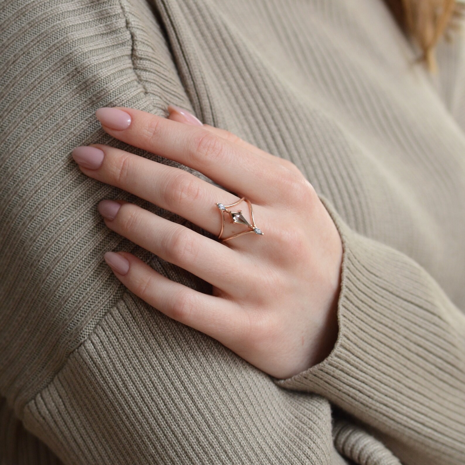 Diamond Alternative Engagement Ring, Rose Gold Split Shank Ring, Gray ...