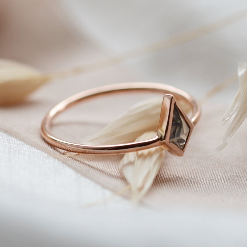 Tiny Engagement Ring, Kite Diamond Ring, 14K Rose Gold Salt and Pepper ...