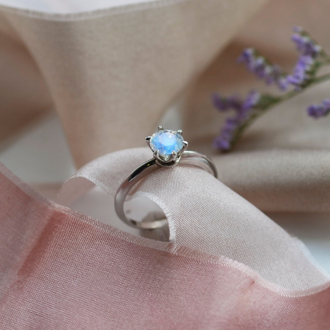 Rainbow Moonstone Engagement Ring, Blue Moonstone Ring, Boho Moonstone ...