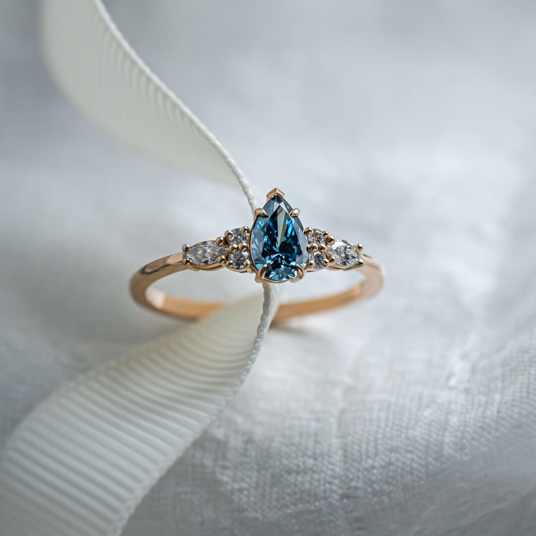 Lab Created Blue Diamond Ring, Unique Pear Diamond Cluster Ring in Gold ...