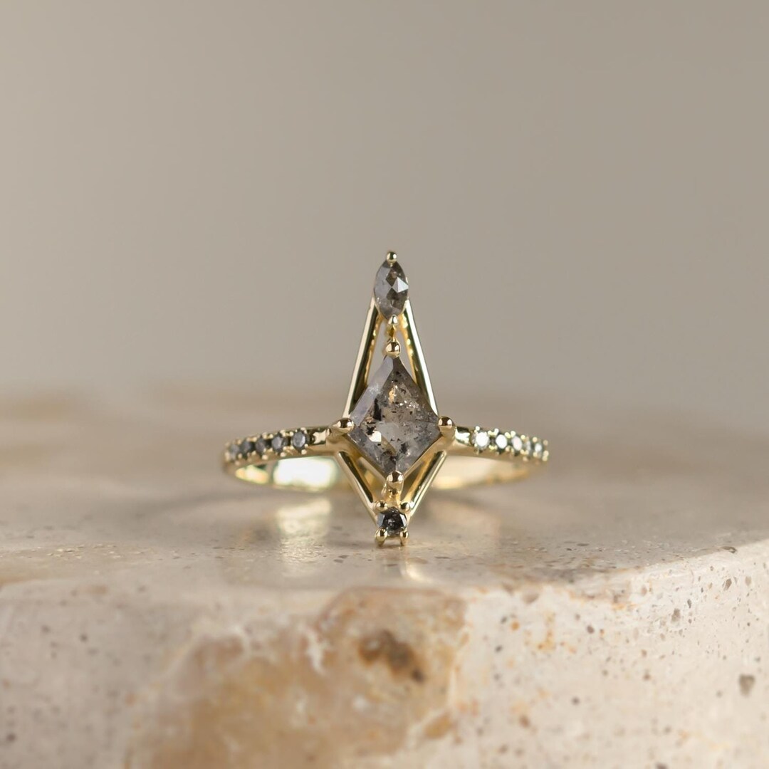 Victorian Kite Cut Salt & Pepper Diamond Ring, Vintage Grey Gemstone ...