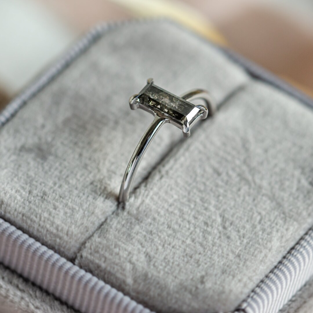 White Gold 14K Baguette Diamond Ring, Geometric Engagement Ring ...