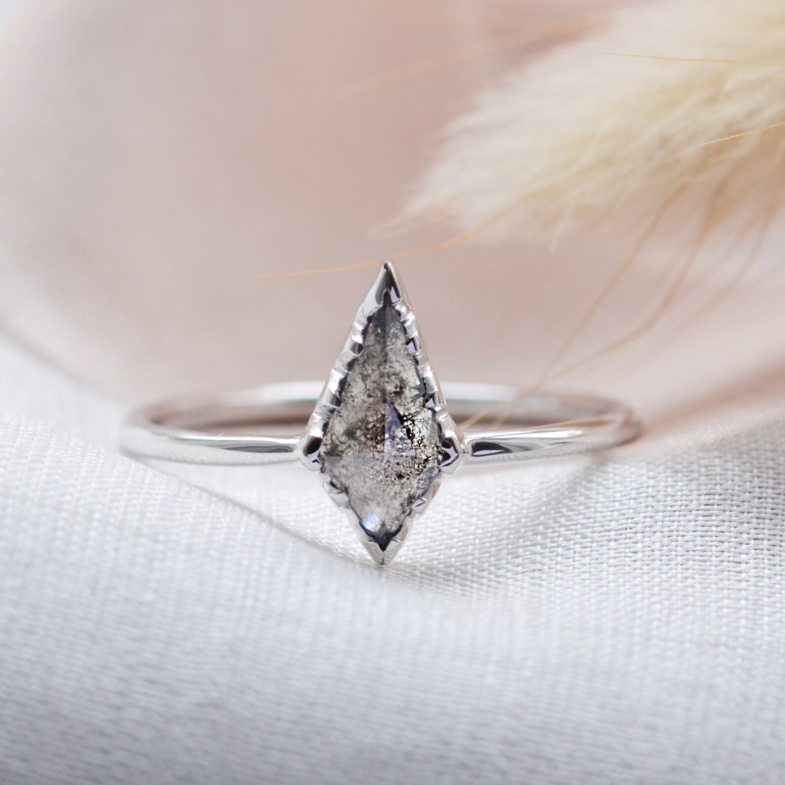 Kite Shaped Diamond Ring, Unique Engagement Ring, White Gold 14K Salt ...