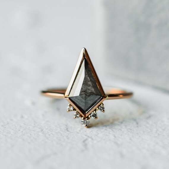 Salt and pepper kite diamond ring with white diamonds Unique diamond engagement ring in Rose gold 14K