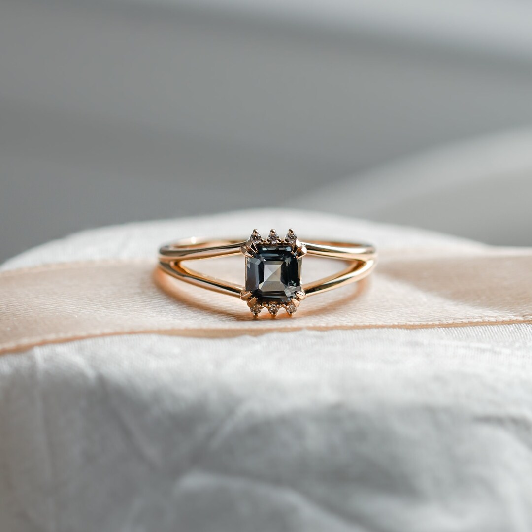 Asscher Cut Engagement Ring, Unique Teal Sapphire Ring, Rose Gold 14k ...