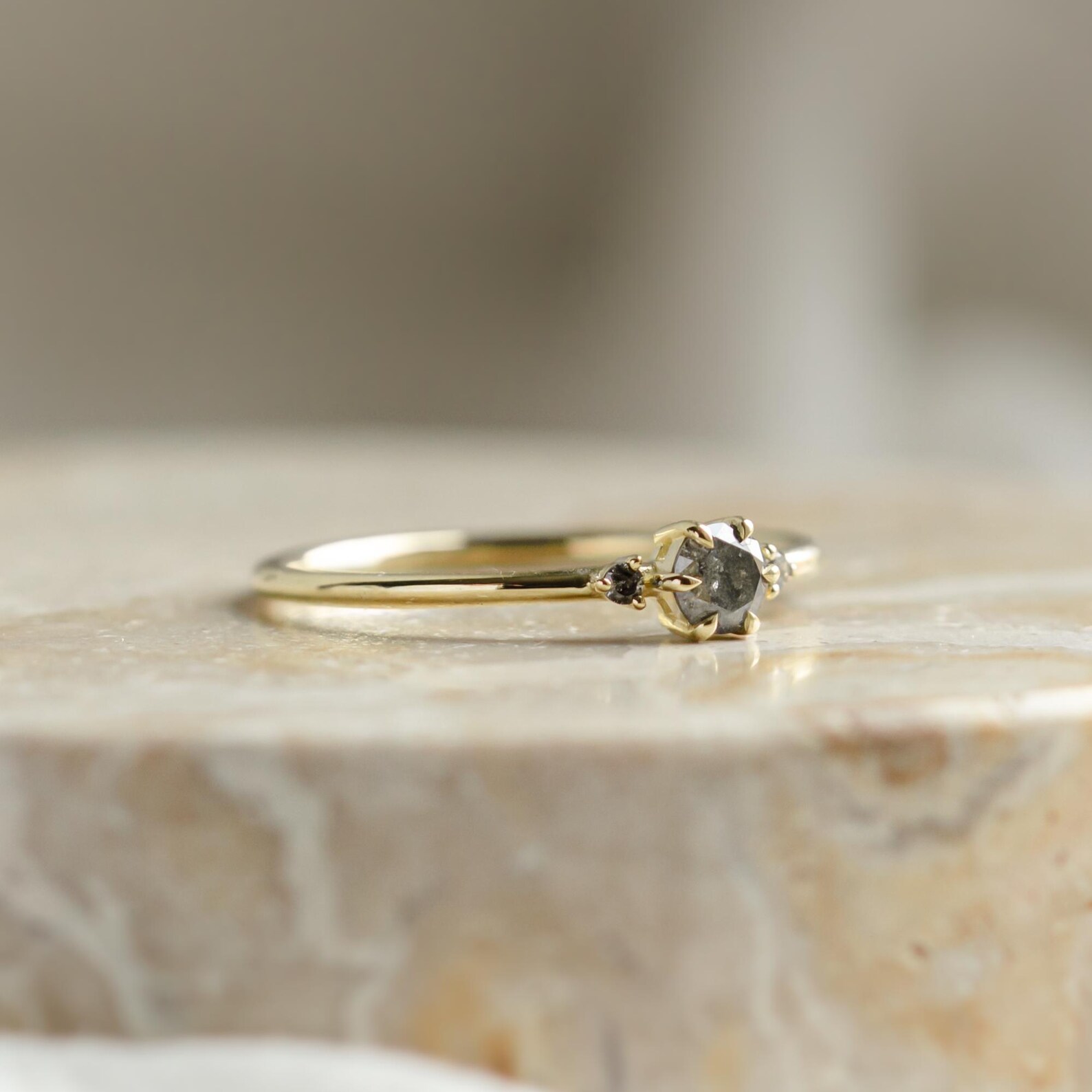 Three Stone Salt & Pepper Diamond Statement Ring, Cluster Grey Gemstone ...