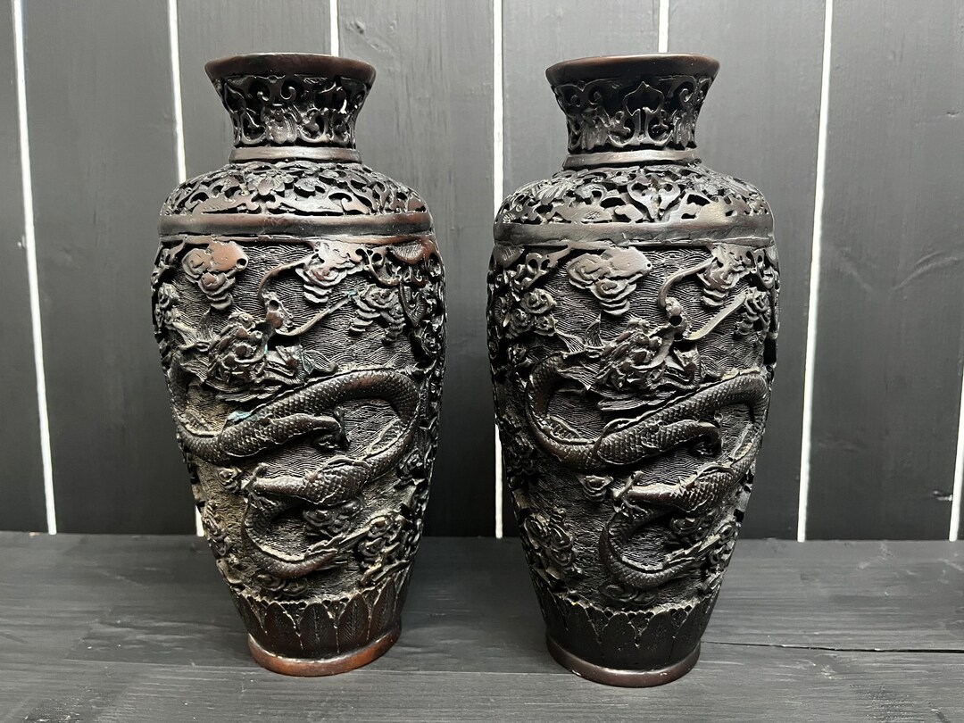 Pair of Heavy Resin Highly Detailed Japanese Dragon Vases - Etsy