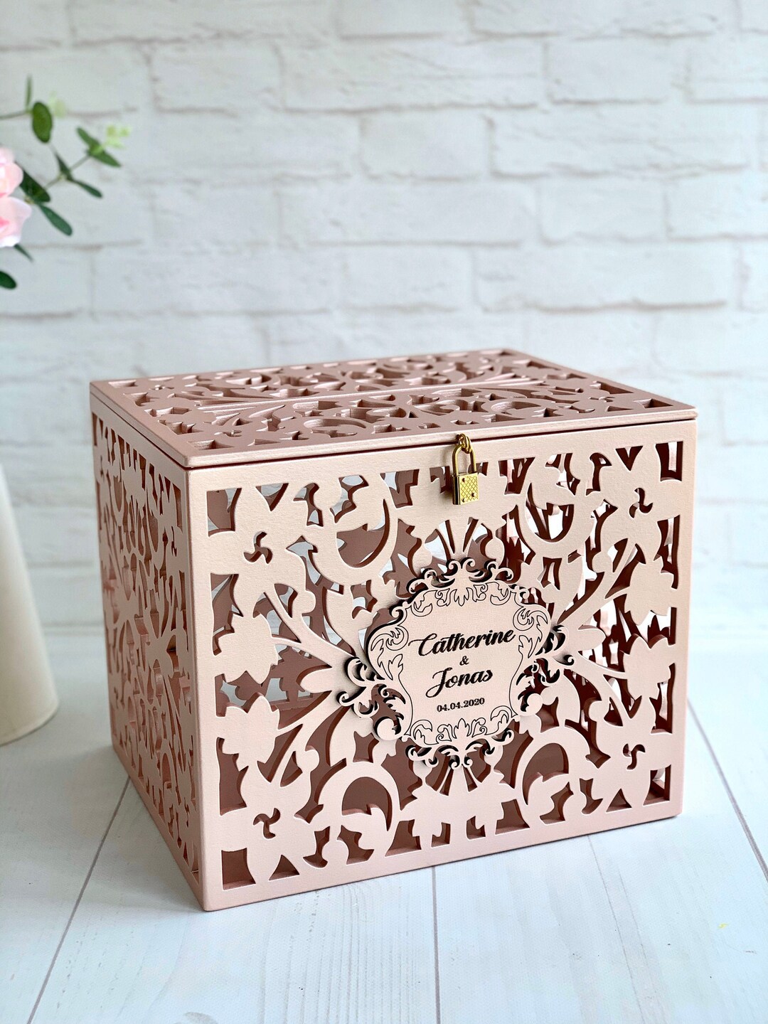 Rose Gold Card Box With Slot Lock Wedding Money Box Rustic Card Box ...