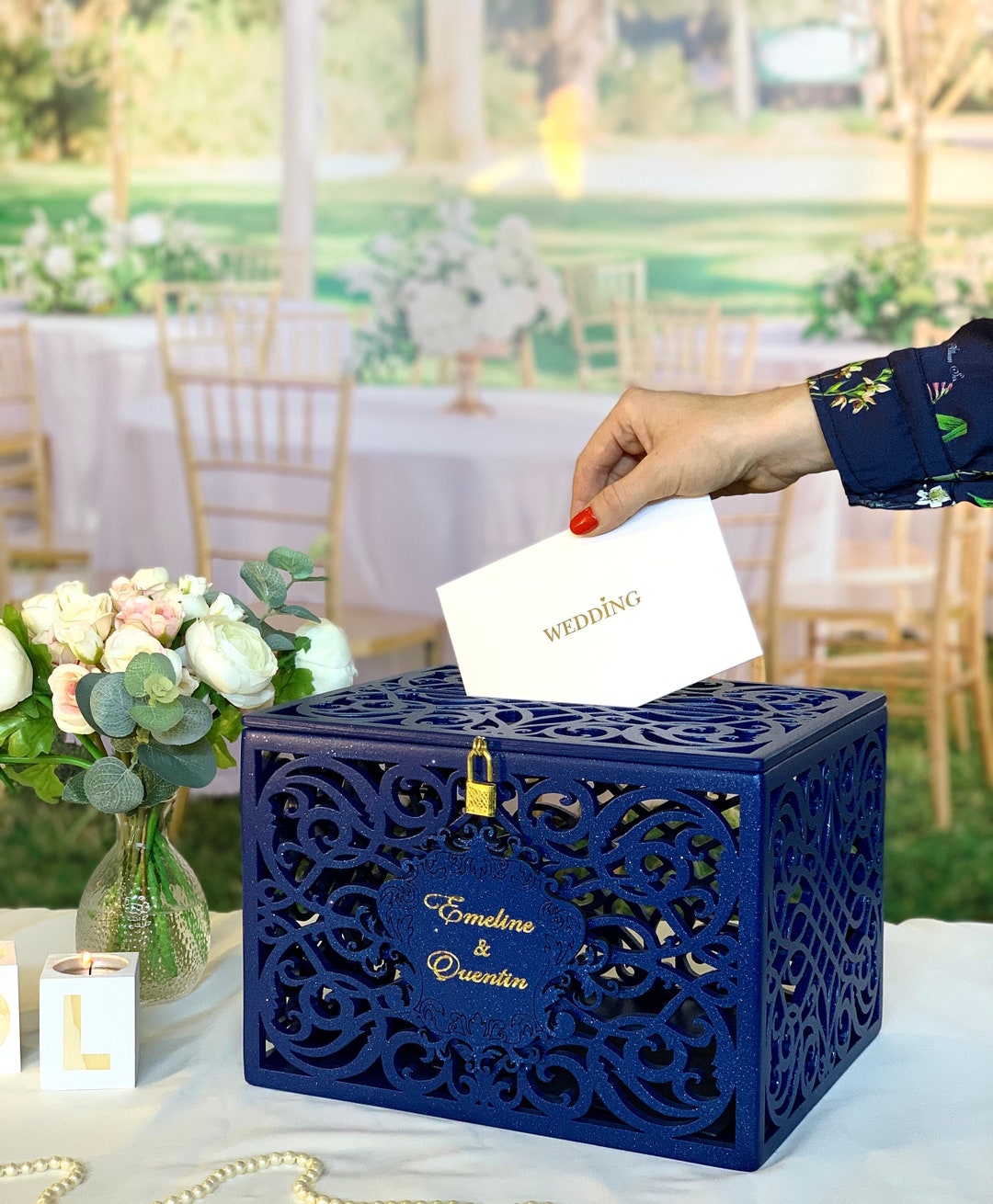 Navy Wedding Card Box With Slot Lock Wedding Money Box Rustic Card Box ...