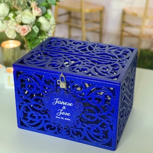Royal Blue Wedding Card Box With Slot Lock Wedding Money Box Rustic ...