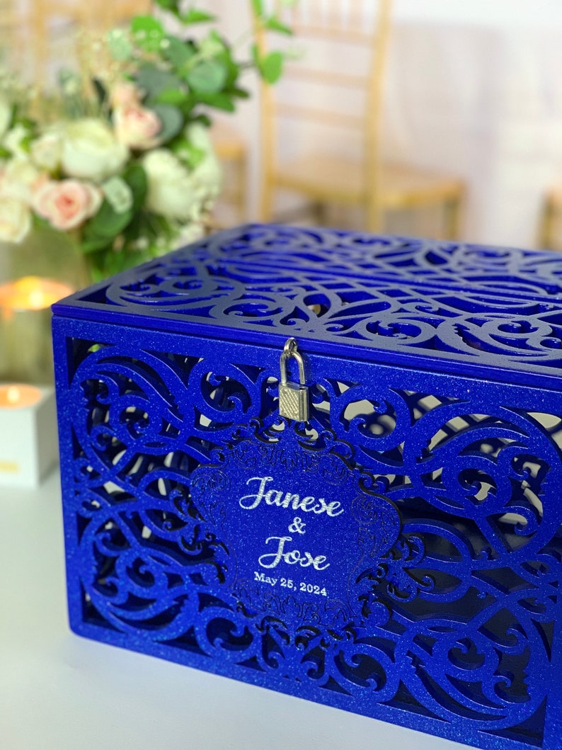 Royal Blue Wedding Card Box With Slot Lock Wedding Money Box Rustic ...