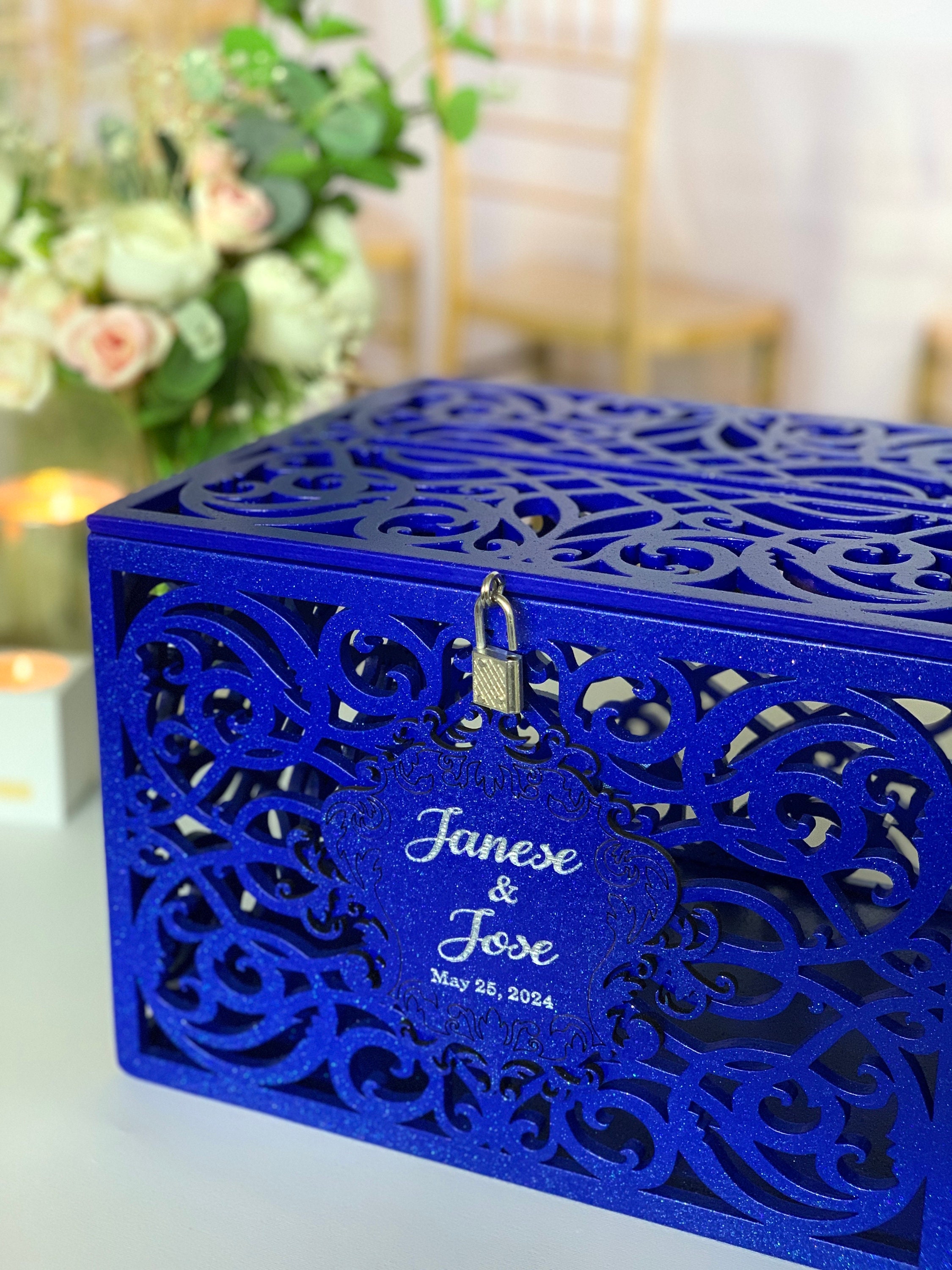 Royal Blue Wedding Card Box With Slot Lock Wedding Money Box Rustic ...