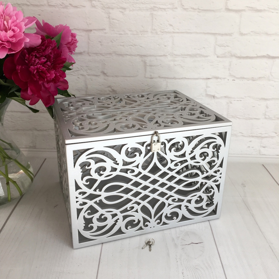 Silver Wedding Card Box With Slot Lock Wedding Money Box Rustic Card ...