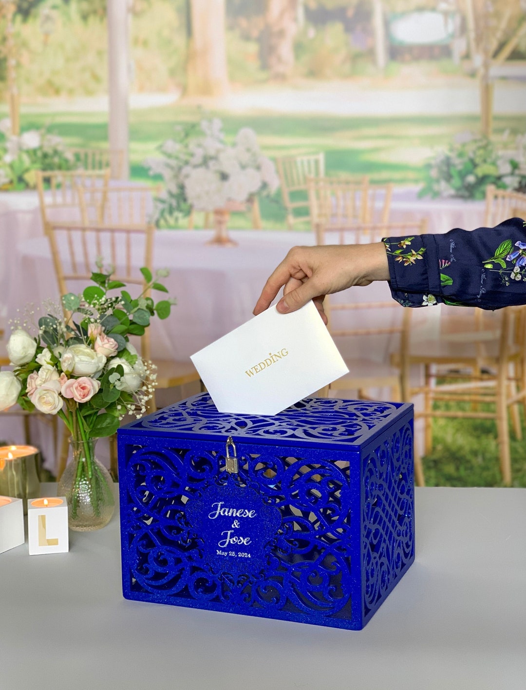 Royal Blue Wedding Card Box With Slot Lock Wedding Money Box Rustic ...