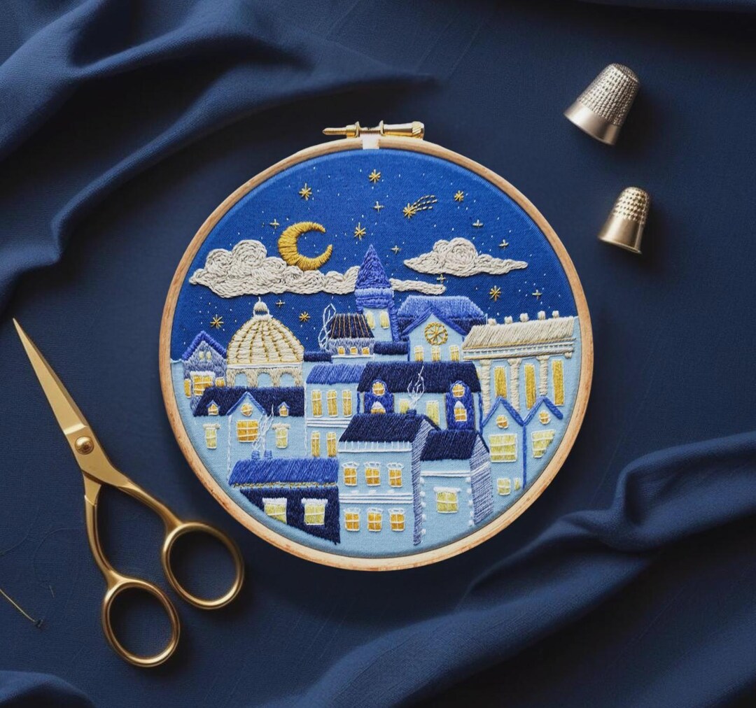Winters Night- Hand Embroidery Framed in a 6" Embroidery Hoop - Etsy
