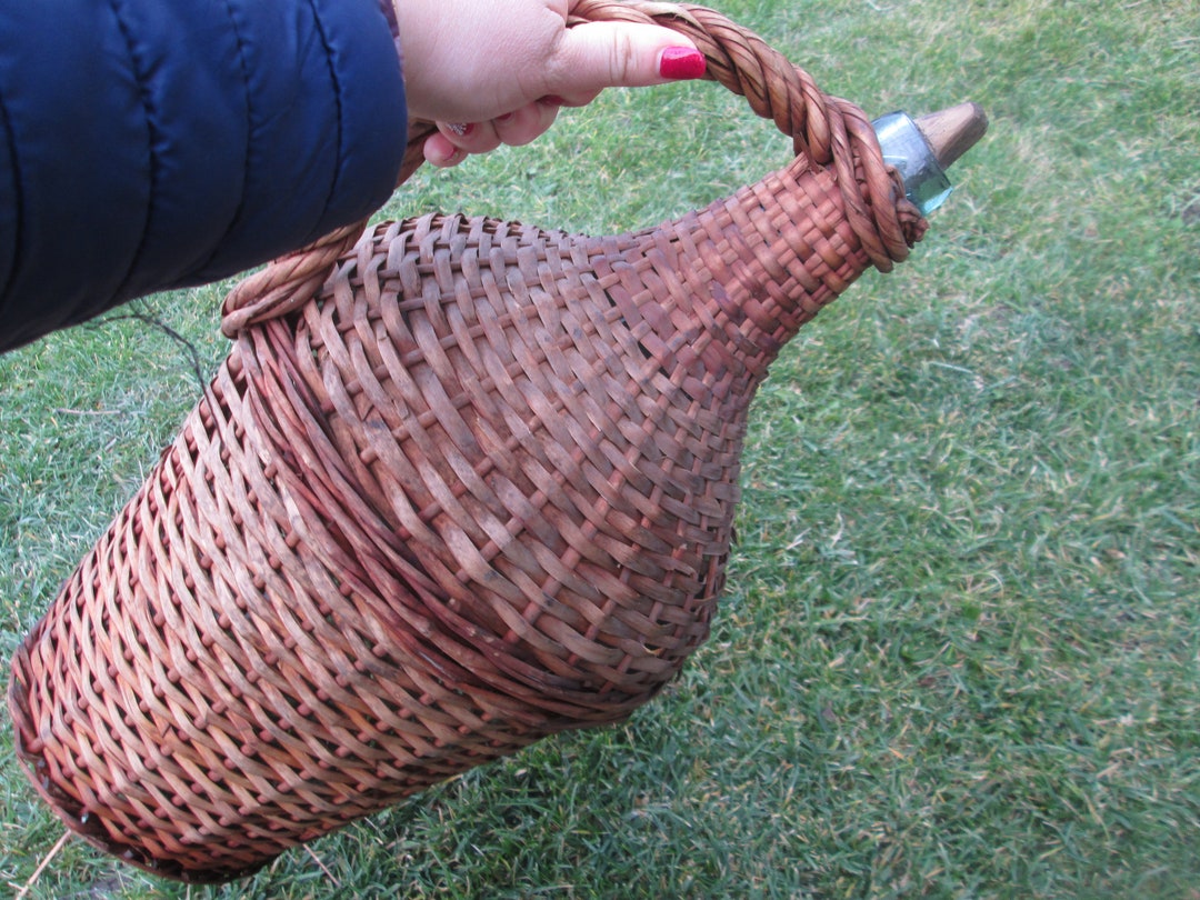 Large Wicker Bottle: Hand-knotted Straw Cover, 10 Liter Antique Glass ...