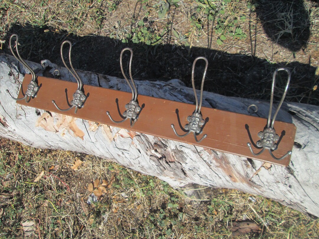 Antique Wall Hanger, Rustic Coat Ruck, Wooden Hanger, 5 Metal Hooks ...