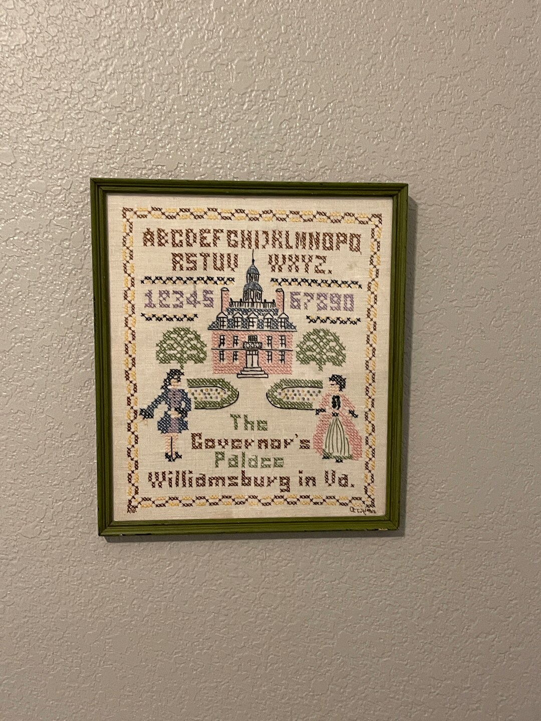 Colonial Style Cross Stitch Sampler in Green Vintage Frame, Handmade ...