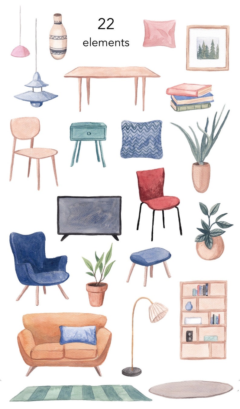 Watercolor Living Room Clipart Set (PNG Files) - Etsy