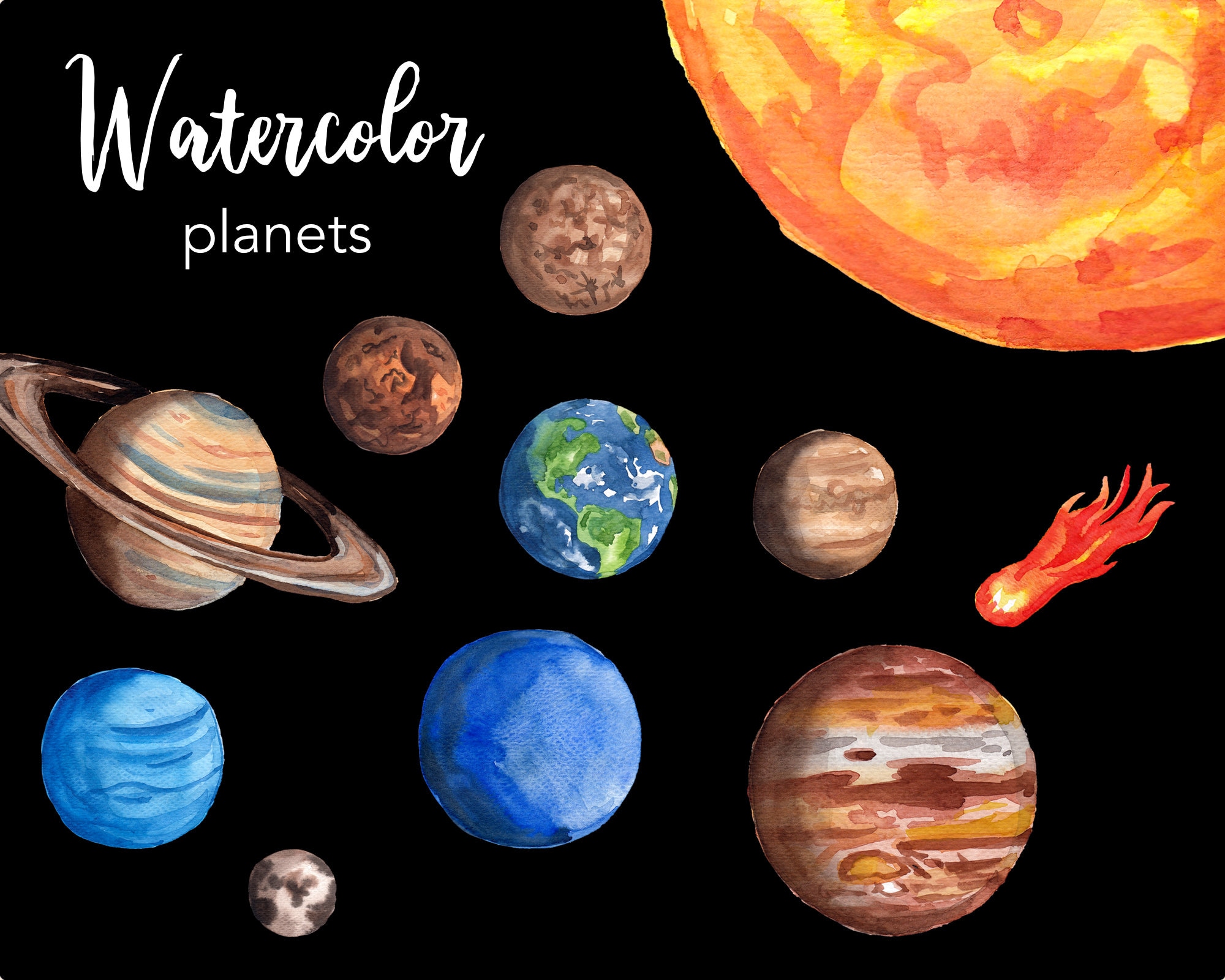 WATERCOLOR CLIPART Planets Clipart Space Earth Jupiter Sun - Etsy