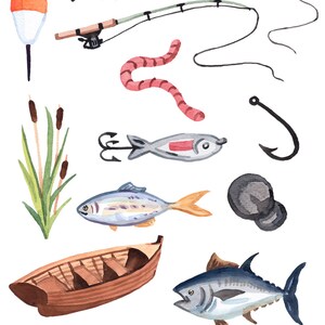 WATERCOLOR CLIPART, Fishing Gear, Fish, Boat, Summer, Clip Art Set ...