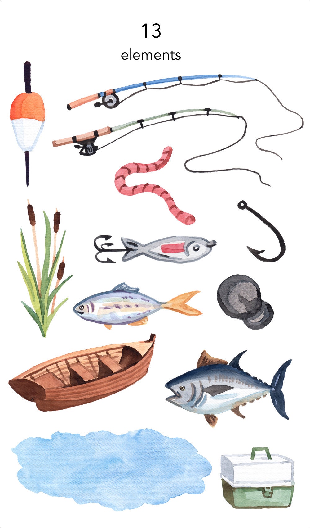 WATERCOLOR CLIPART, Fishing Gear, Fish, Boat, Summer, Clip Art Set ...