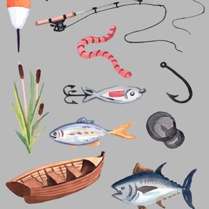 WATERCOLOR CLIPART, Fishing Gear, Fish, Boat, Summer, Clip Art Set ...