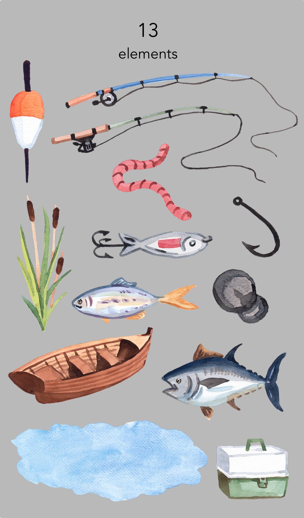 WATERCOLOR CLIPART Fishing Gear Fish Boat Summer Clip Art | Etsy