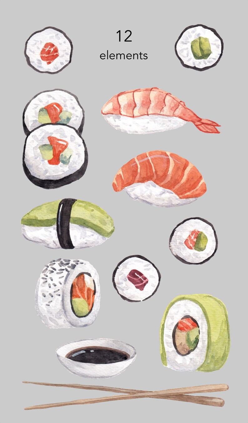 WATERCOLOR CLIPART Sushi Clipart Food Japanese Summer - Etsy