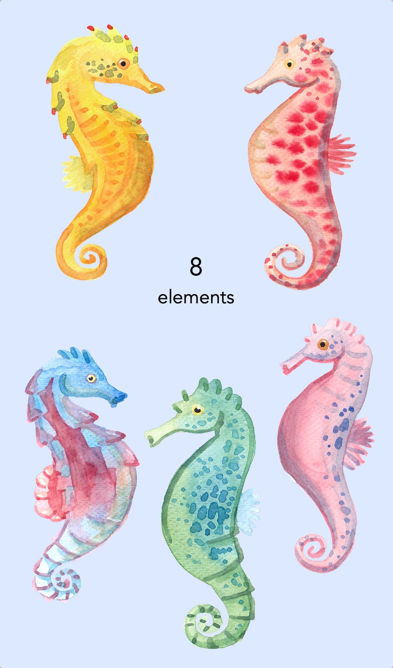 Watercolor Sea Horses Clipart, Summer Ocean PNG (digital Graphics ...