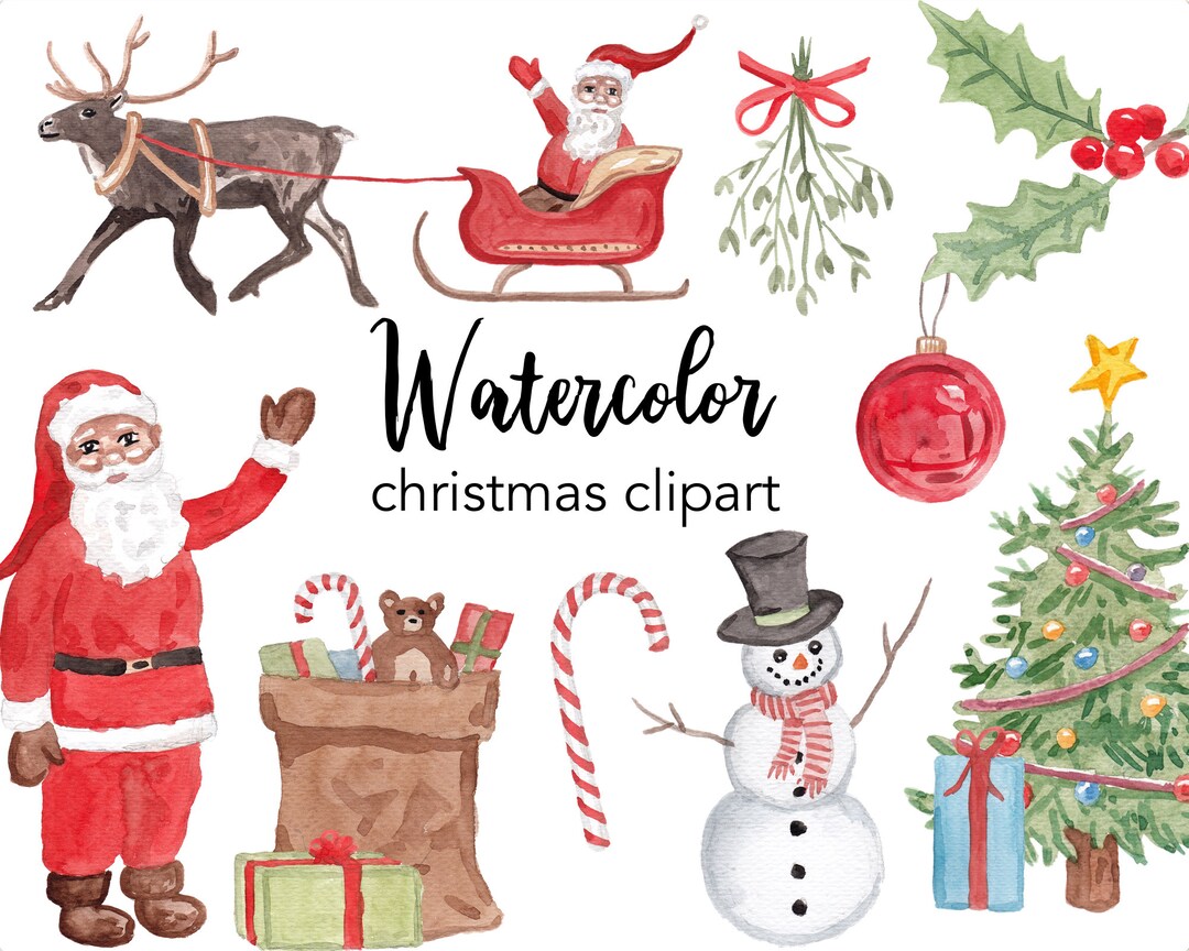 WATERCOLOR CLIPART, Christmas Clipart, Reindeer Clipart, Santa, Sleigh ...