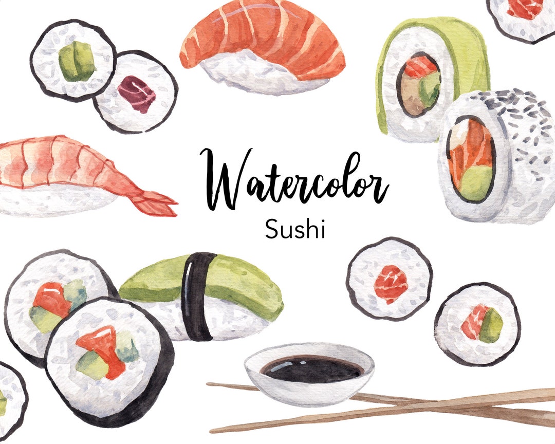 WATERCOLOR CLIPART, Sushi Clipart, Food, Japanese Summer Kitchen ...
