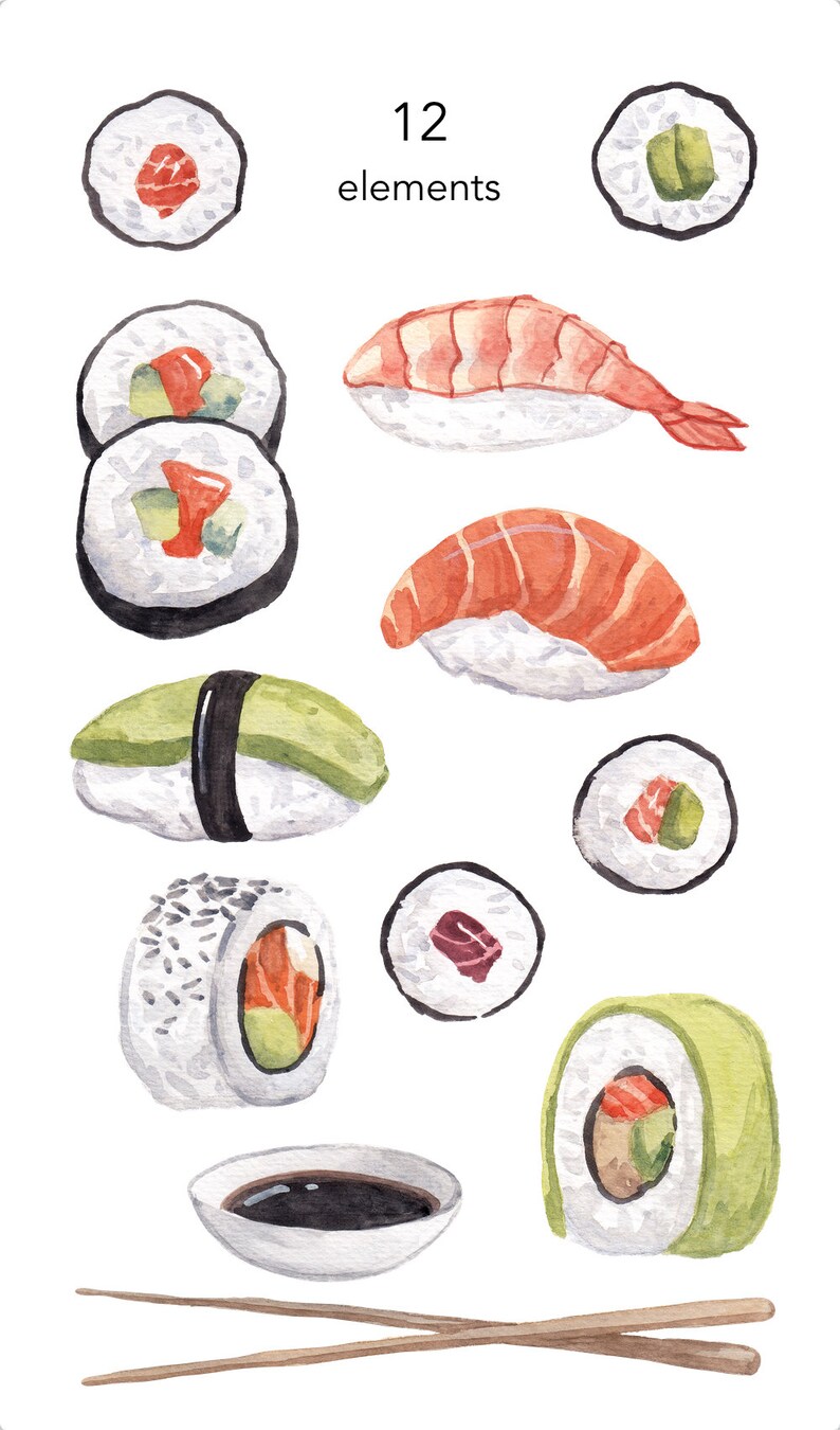 WATERCOLOR CLIPART Sushi Clipart Food Japanese Summer - Etsy